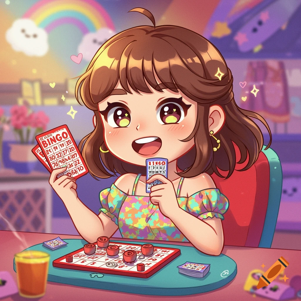 Cartoon woman with big eyes playing bingo in a vibrant room with a ...