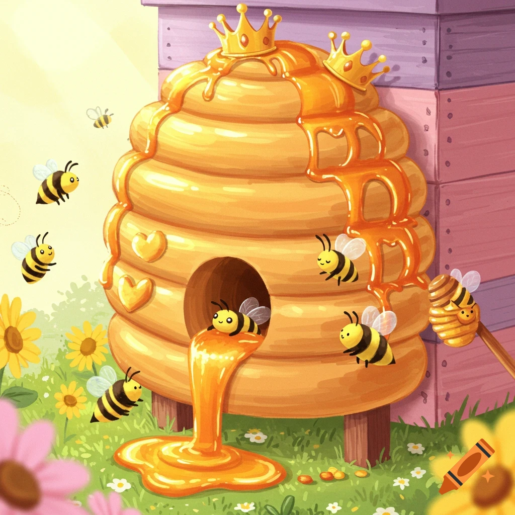 A cute cartoon beehive overflowing with honey, surrounded by happy bees ...