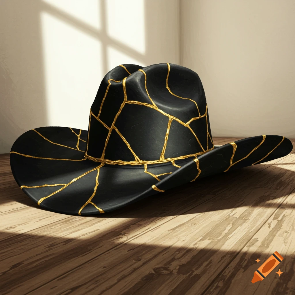 A black cowboy hat with golden Kintsugi lines on Craiyon