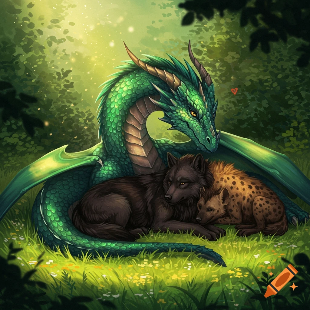 Dragon, wolf, and hyena laying together with a hidden heart symbol on ...