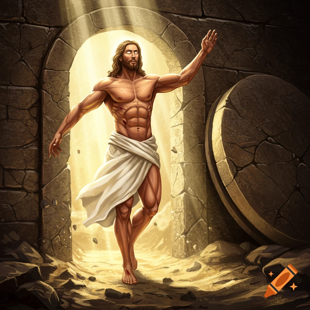 Muscular Christ walking out of the tomb on Craiyon