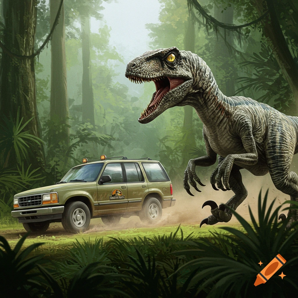 Velociraptor chasing a 1993 Ford Explorer in Jurassic Park on Craiyon
