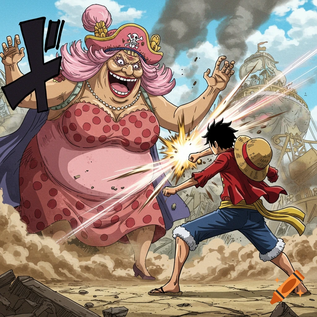 Luffy and Naruto stand ready to fight in a large stadium arena ...
