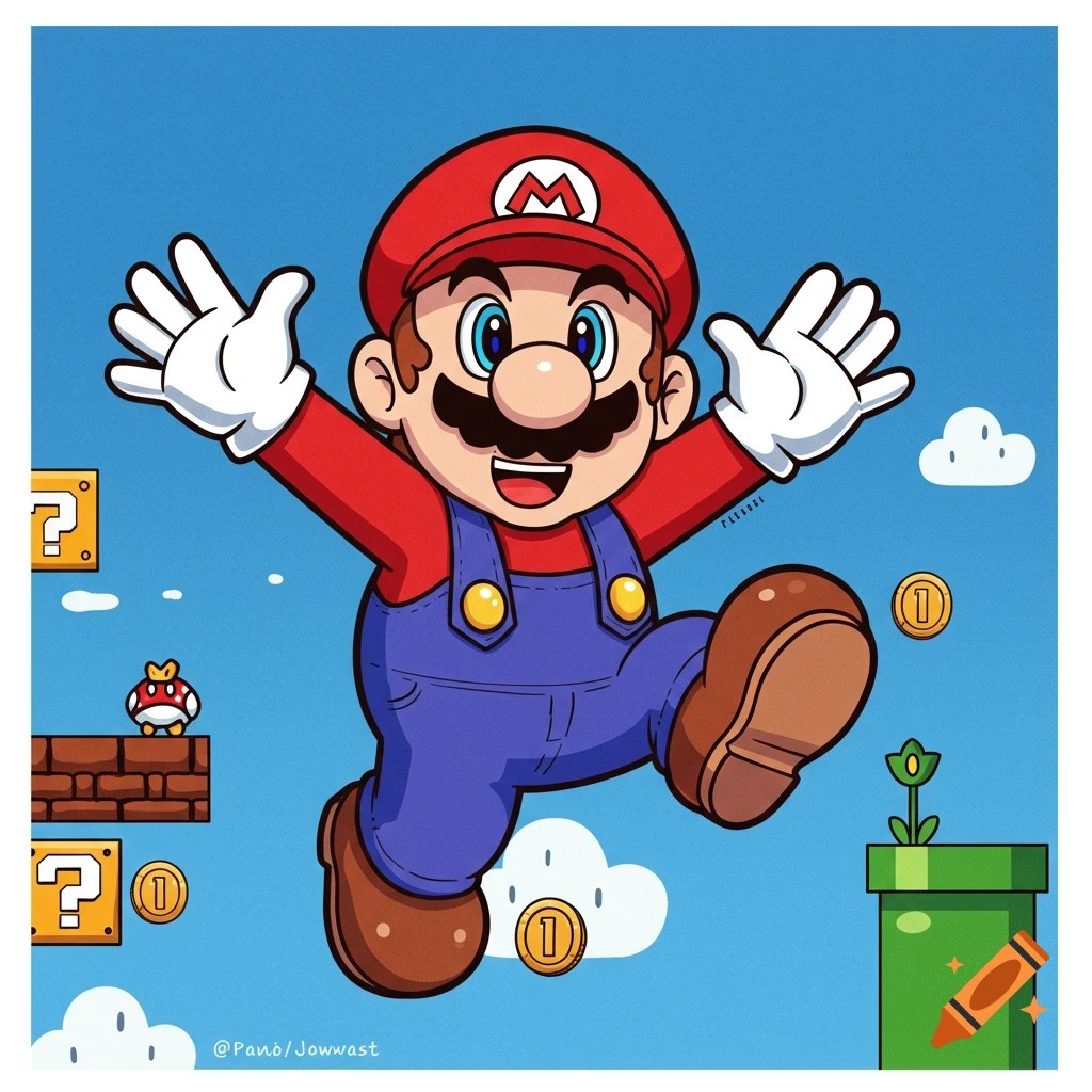 Cartoon illustration of Mario jumping, surrounded by game elements like ...