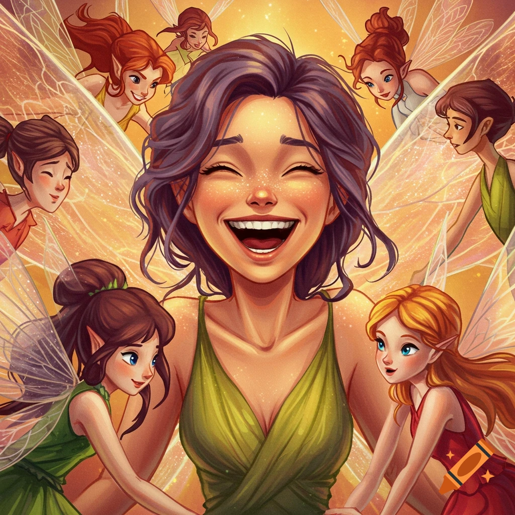 Fairy with a big smile surrounded by winged fairies on Craiyon