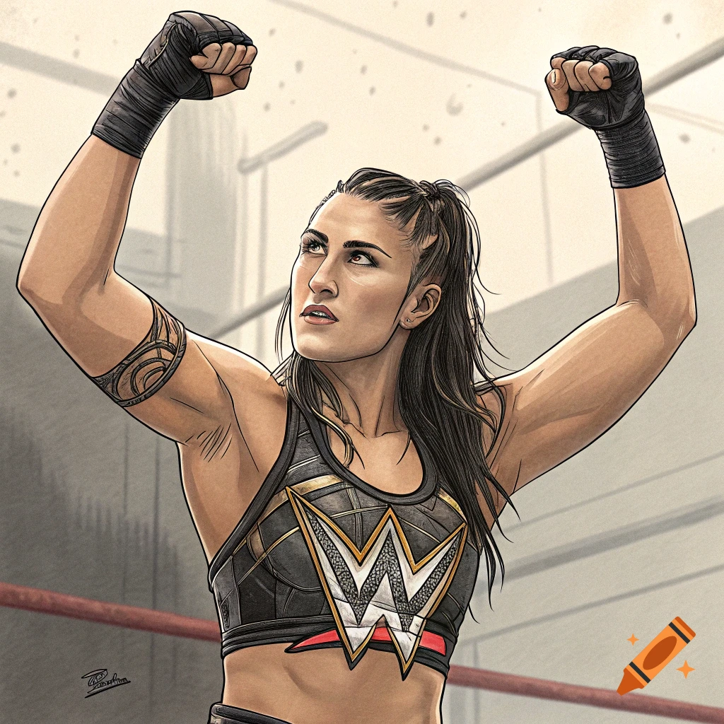 Illustration of a female wrestler in a ring raising her arms. on Craiyon