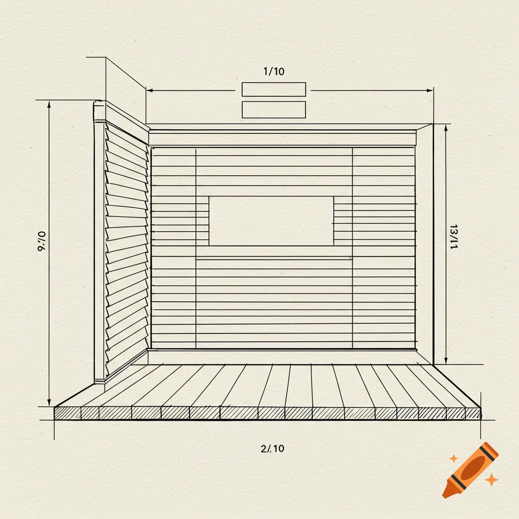 Technical drawing of a structure with slatted sides and dimension ...