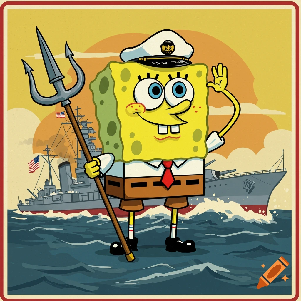 Cartoon SpongeBob in a captain's hat holding a trident, standing in the ...