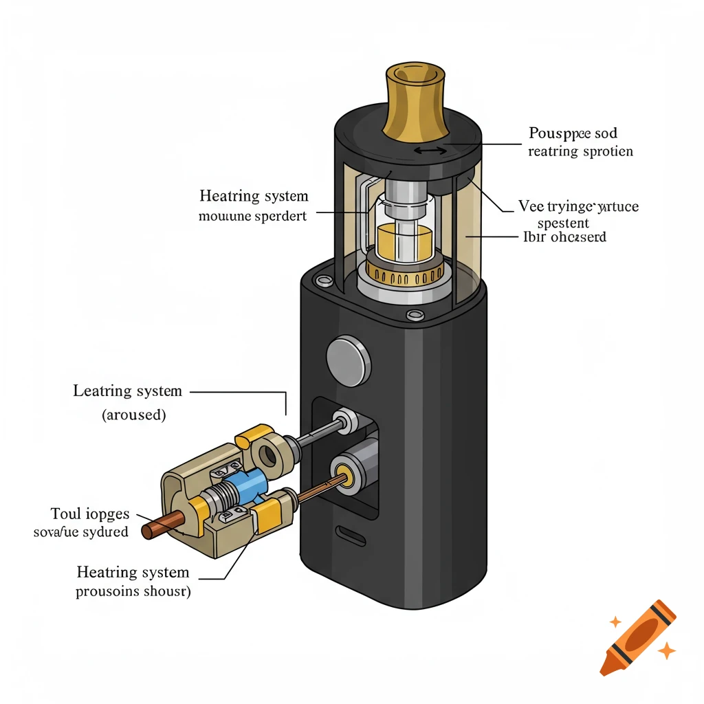 Minimalistic diagram of vape internals with labeled heating system on ...