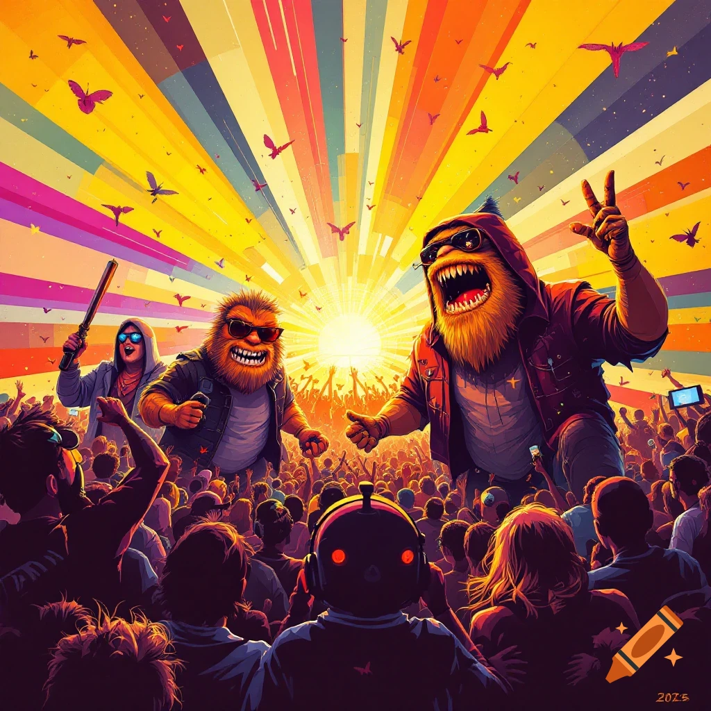 Two large furry creatures with sunglasses rock out on stage at a ...