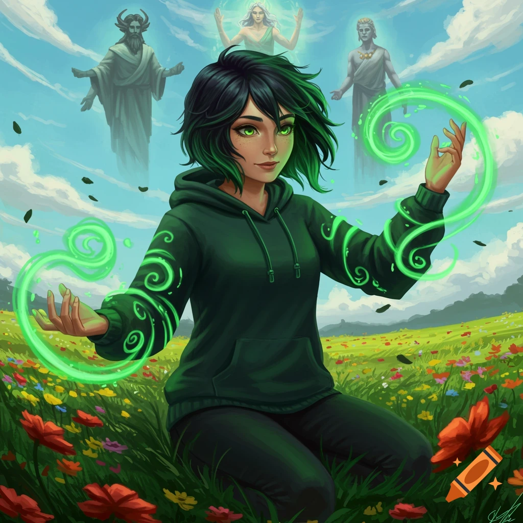 A girl with green magic is in a flower field, watched by floating ...