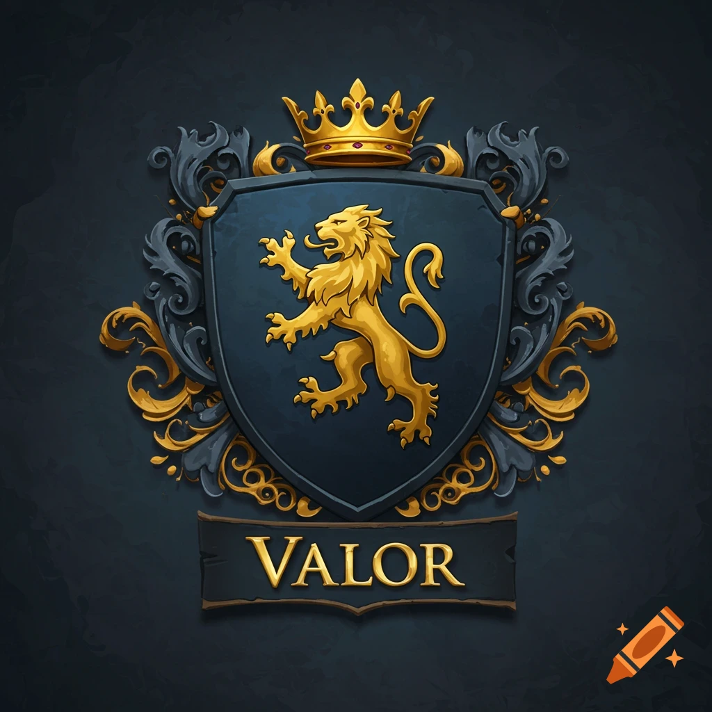A medieval-style emblem with a golden lion, crown, shield, and the word ...