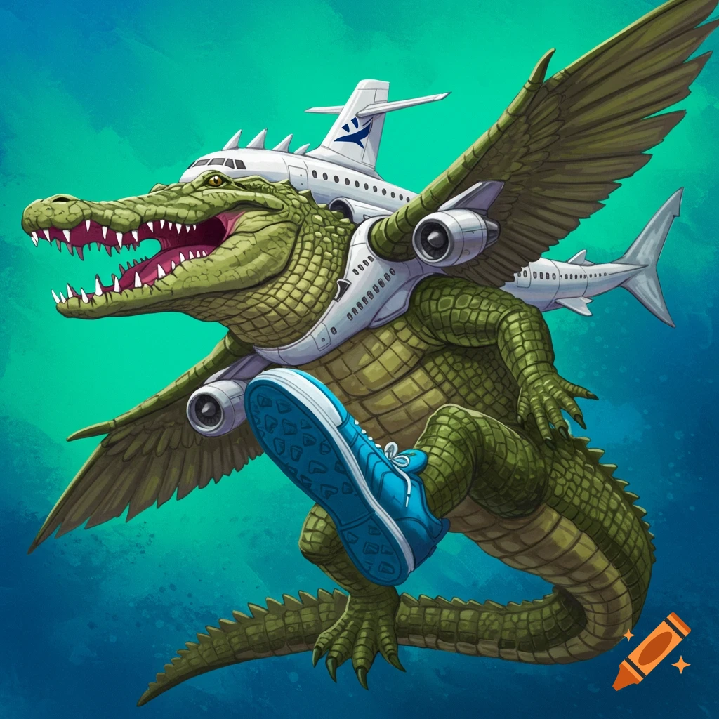Half-shark, half-alligator, half-airplane hybrid creature with blue ...