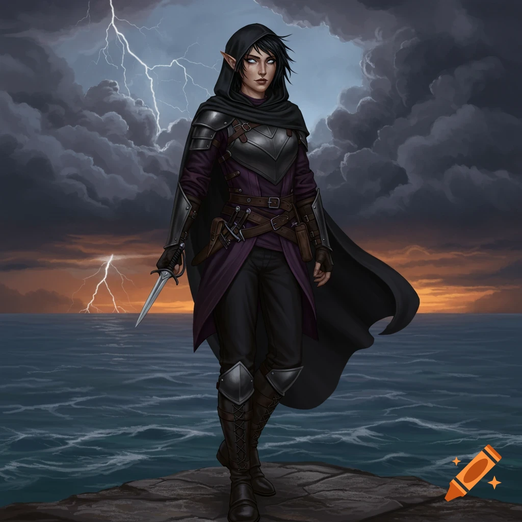 A half-elf rogue in armor and cloak stands by a stormy ocean under ...