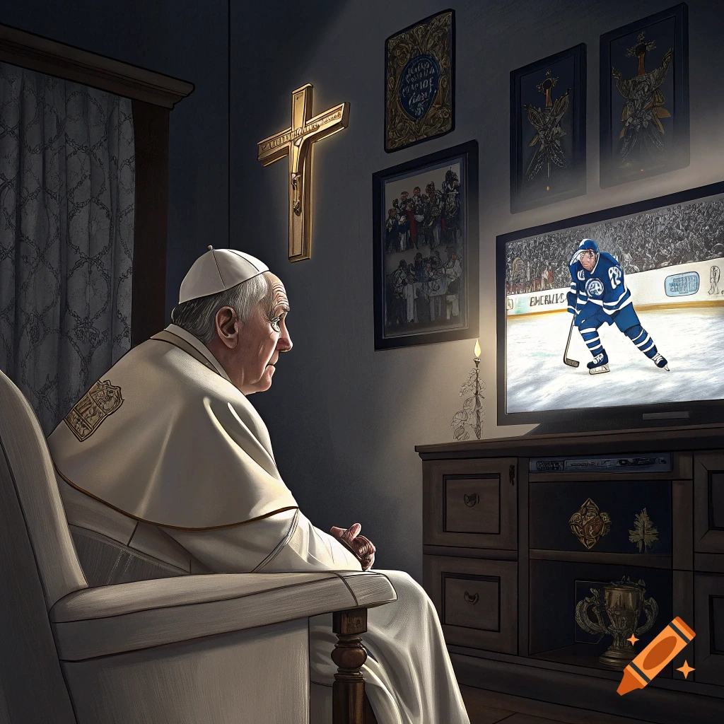 The Pope sits in a chair watching a hockey game on television. on Craiyon