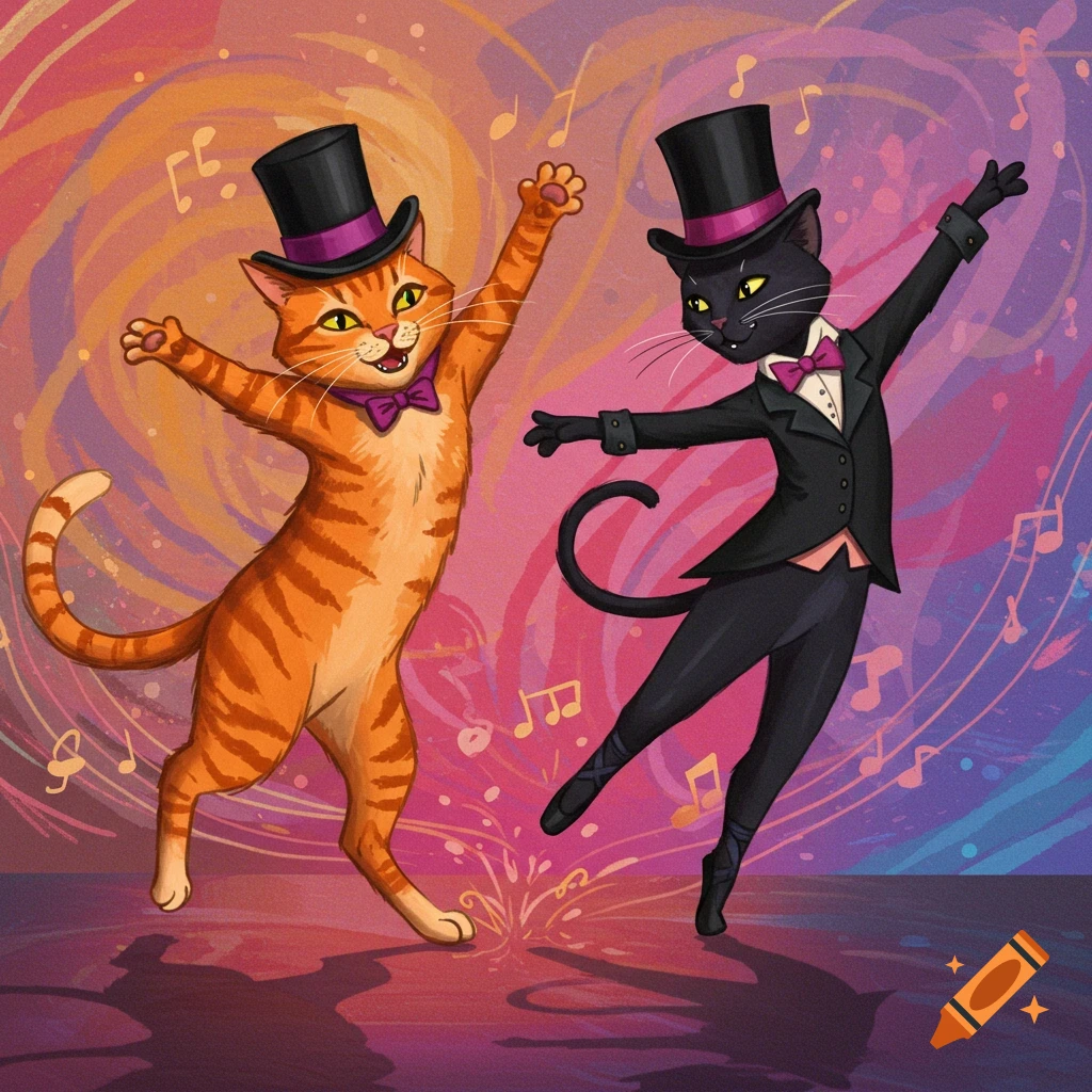 Orange and black cats wearing top hats dancing on Craiyon