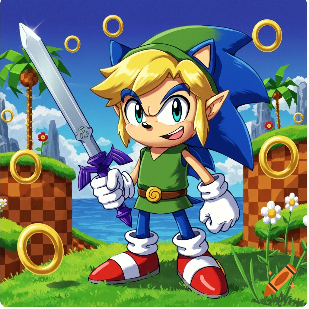Cartoon character combining Link and Sonic, holding a sword in a Sonic ...