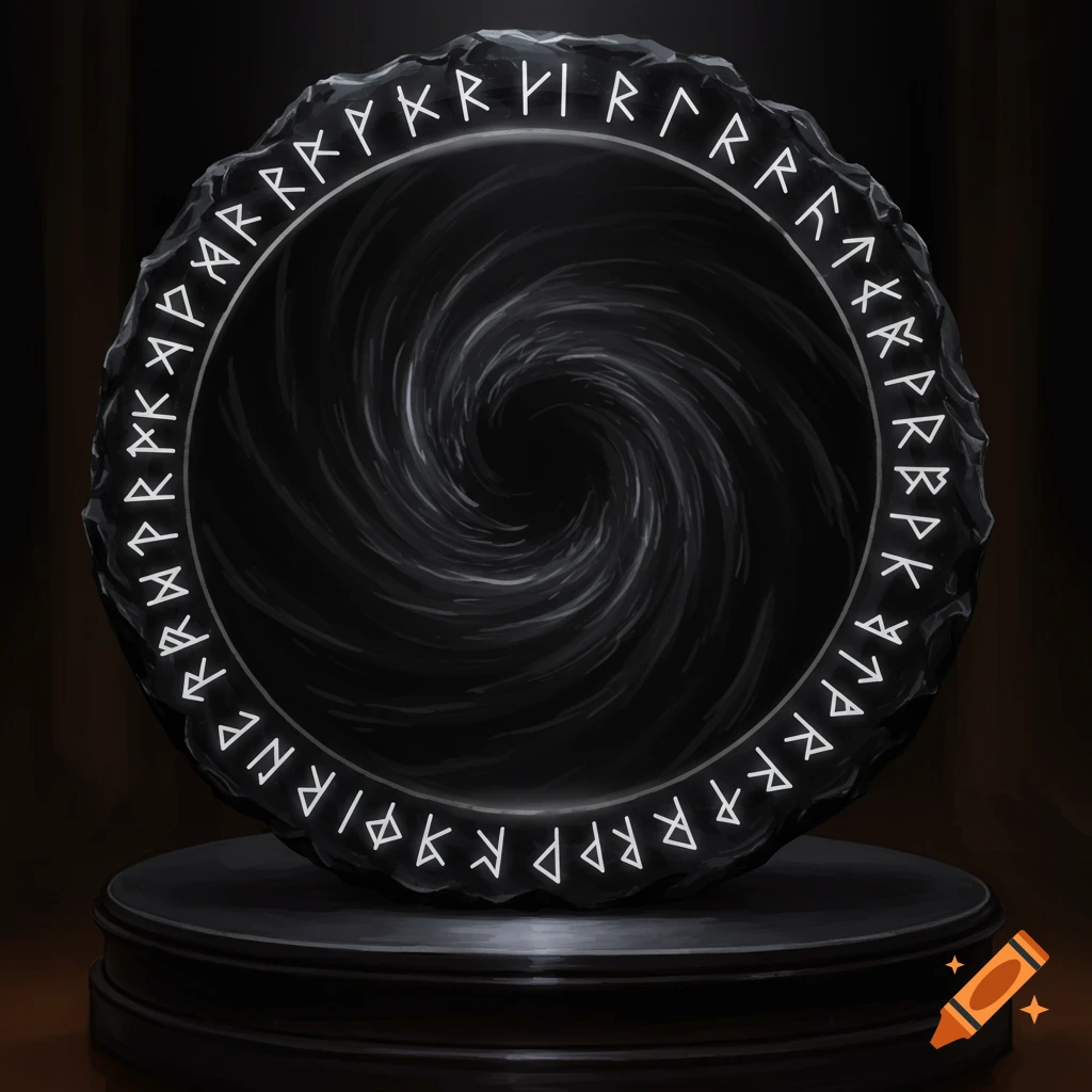 A dark obsidian mirror etched with runes, featuring a swirling vortex ...