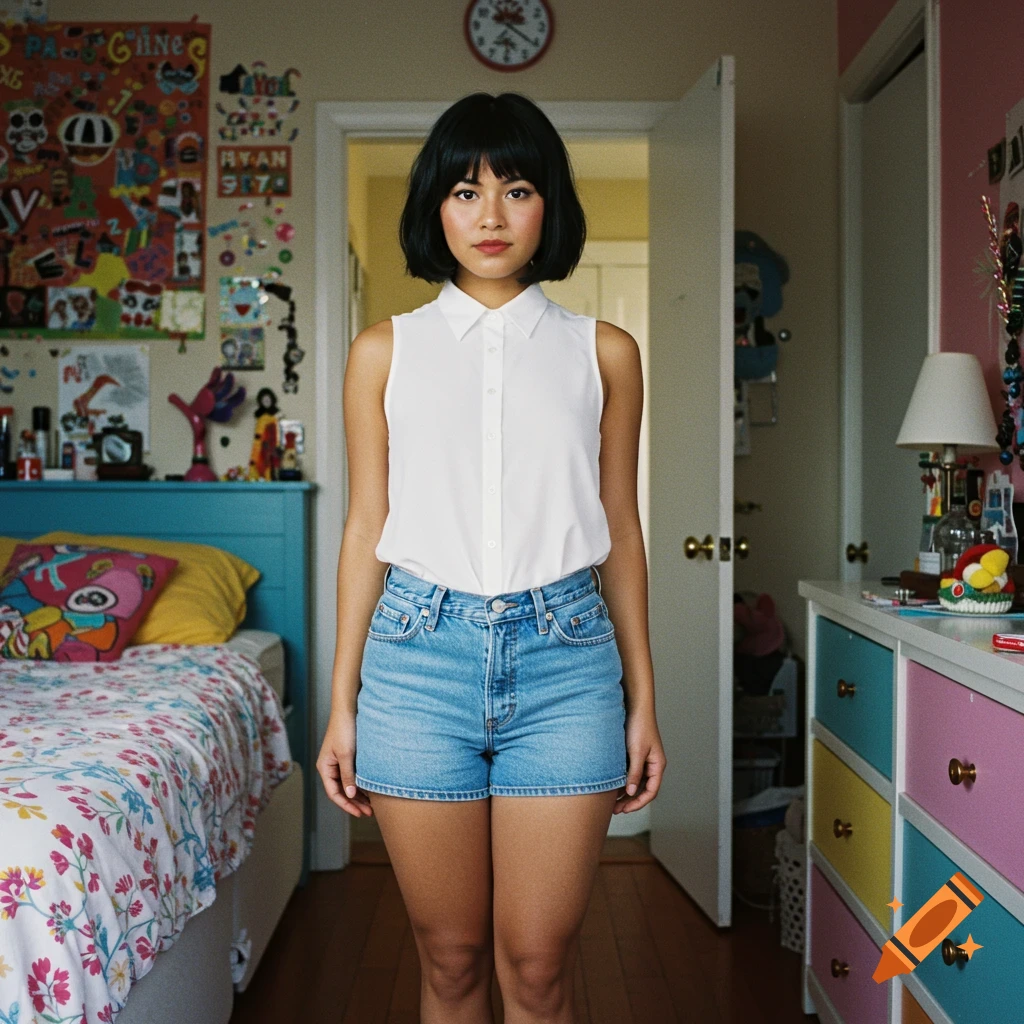 Latina woman with bob hair, white blouse, blue shorts in bedroom on Craiyon