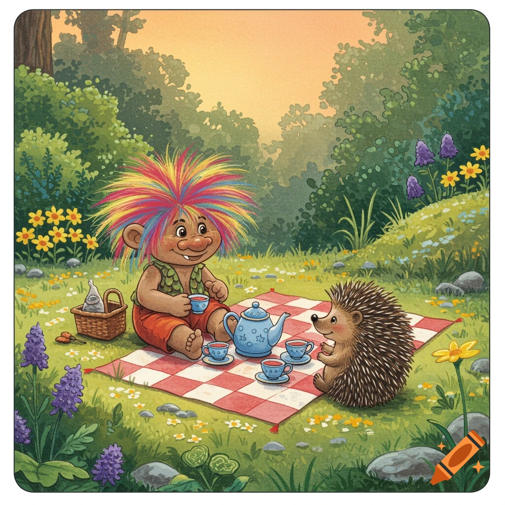 A cute cartoon porcupine walks towards a picnic with squirrel, rabbit ...