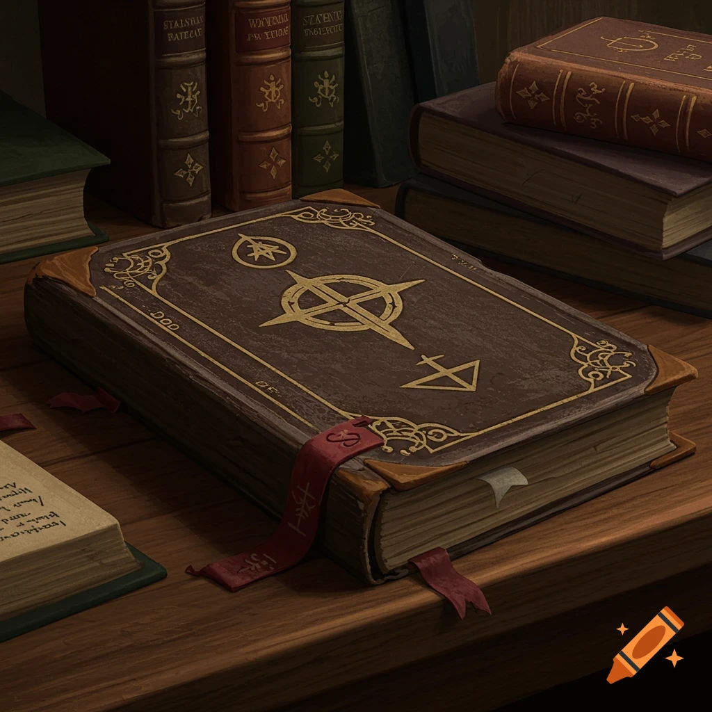 Satanic book on an old wooden table on Craiyon