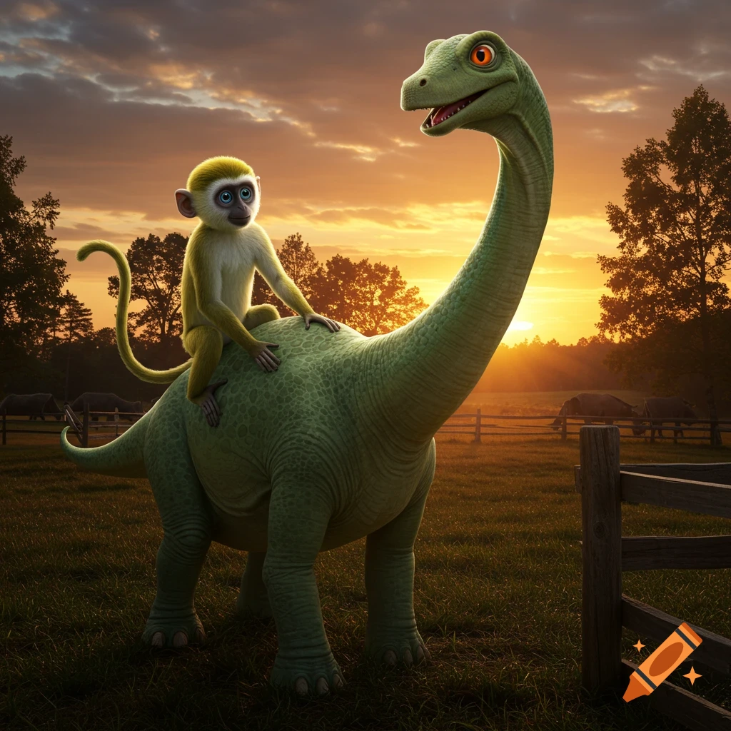 A cartoon-like monkey rides a dinosaur on a farm at sunset. on Craiyon