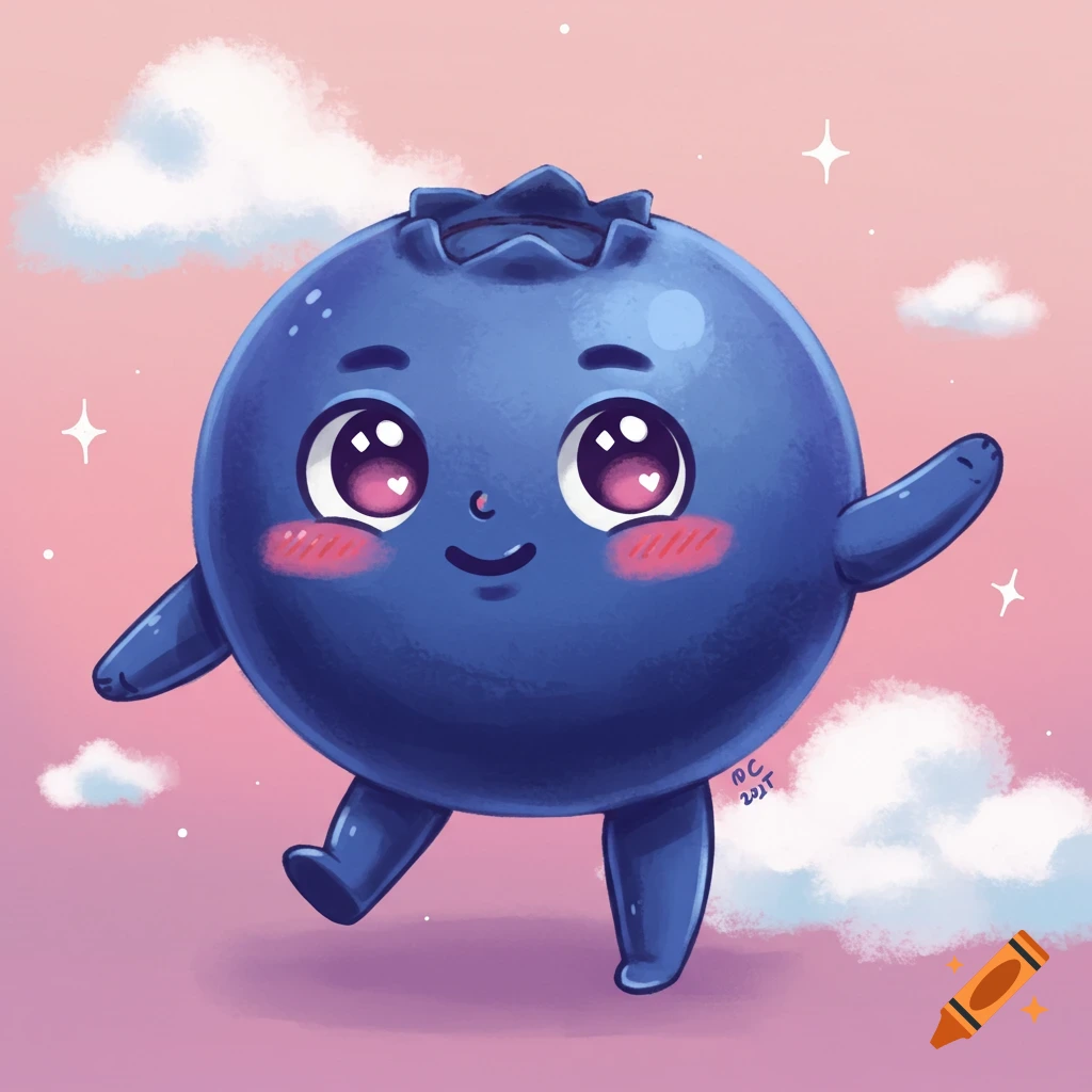 Cartoon blueberry with face, arms, and legs on Craiyon