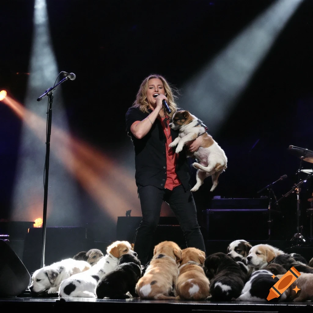 Woman sings on stage holding a dog, surrounded by puppies on the floor ...