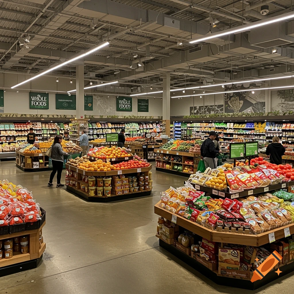 Interior view of a grocery store with shoppers in the produce section ...