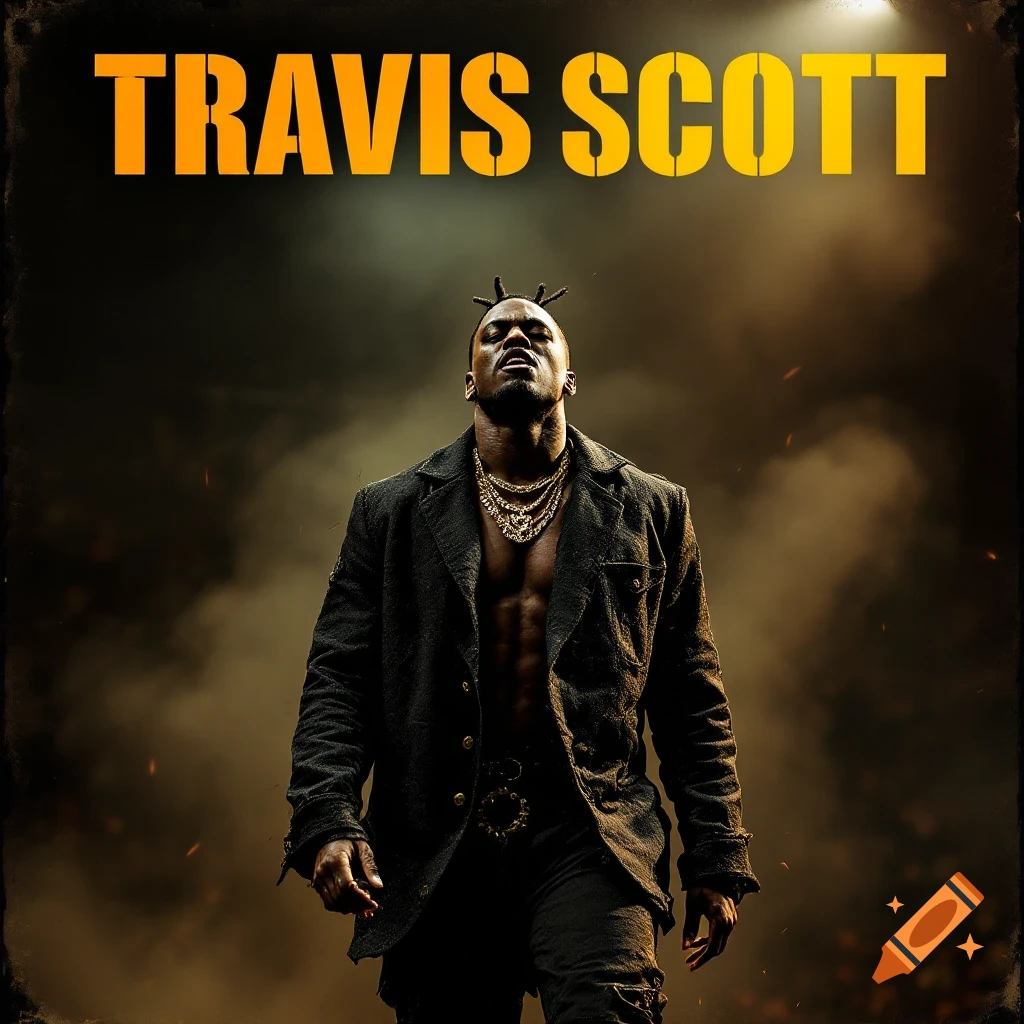 Conceptual WrestleMania 42 poster with gritty texture featuring Travis Scott on Craiyon