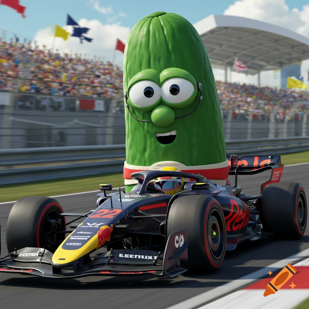 Cucumber driving an F1 car on Craiyon