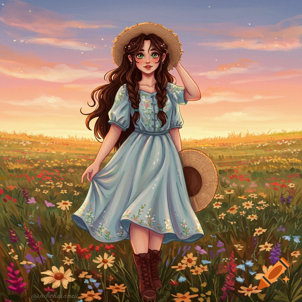 Pretty OC with long brown hair, green eyes, cottagecore clothing on Craiyon