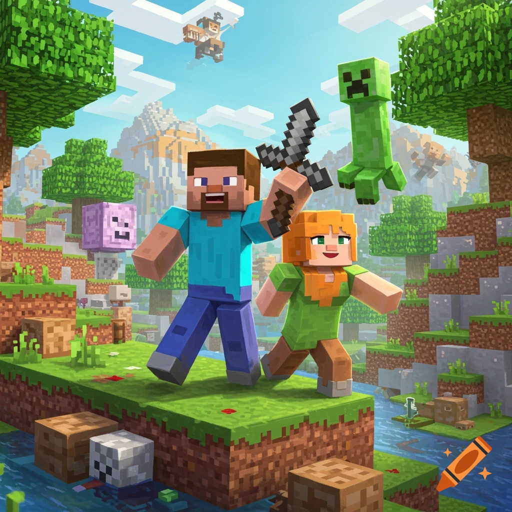 Minecraft characters Steve, Alex, and a Creeper in a blocky landscape ...