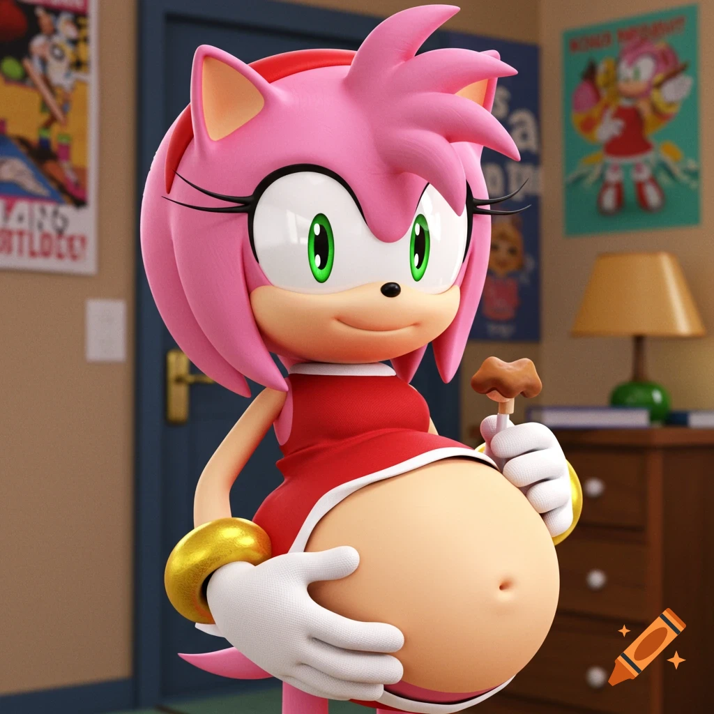 Amy Rose from Sonic the Hedgehog with a large belly stands in a room holding a lollipop. on Craiyon
