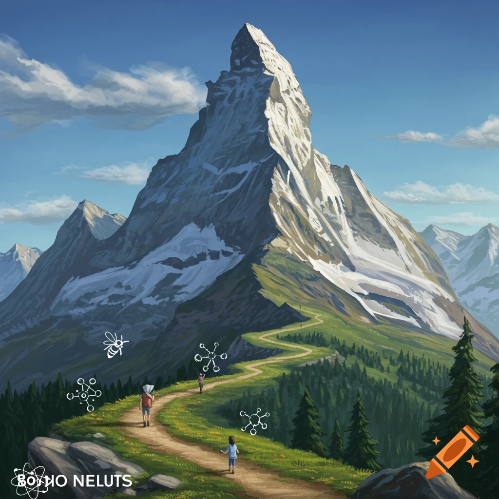 Mountain banner with winding trail, symbols of unity and progress. on ...