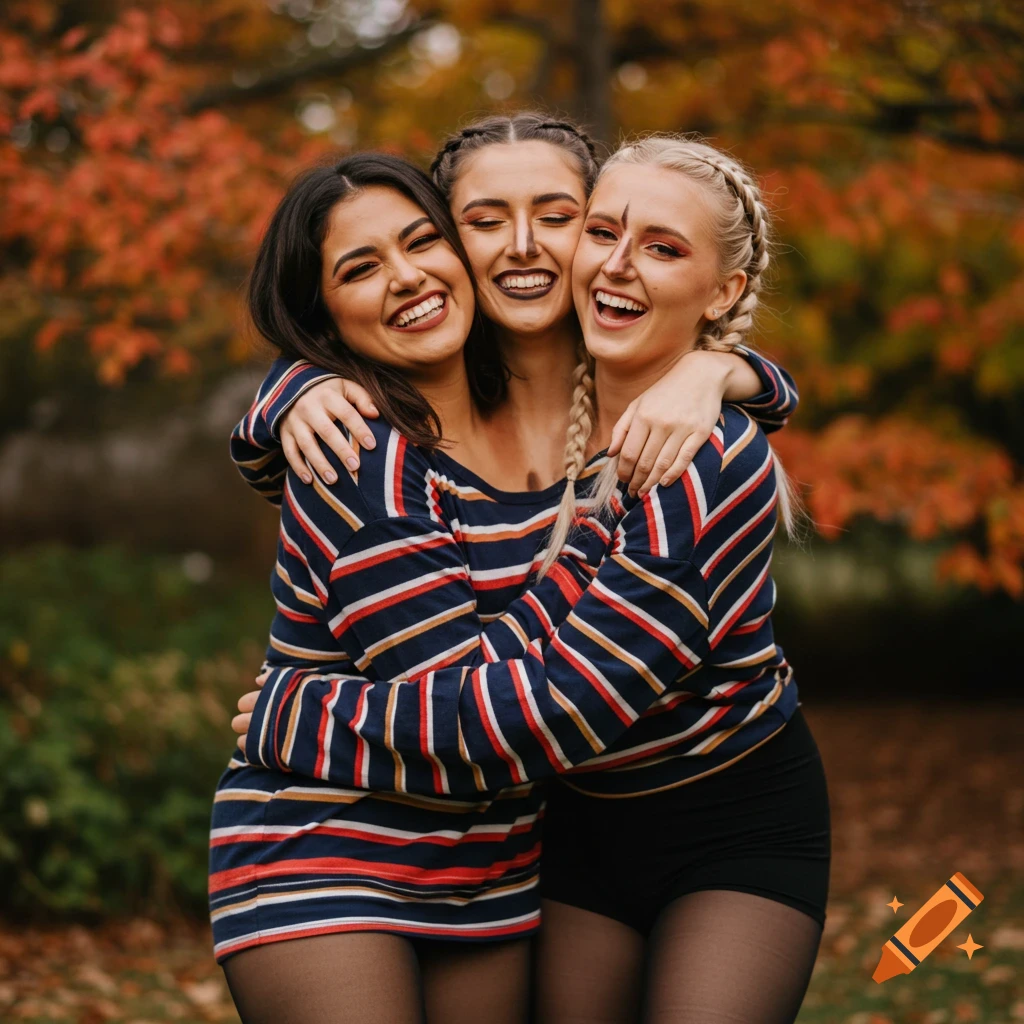 Three friends in a shared striped shirt and face paint embrace and ...