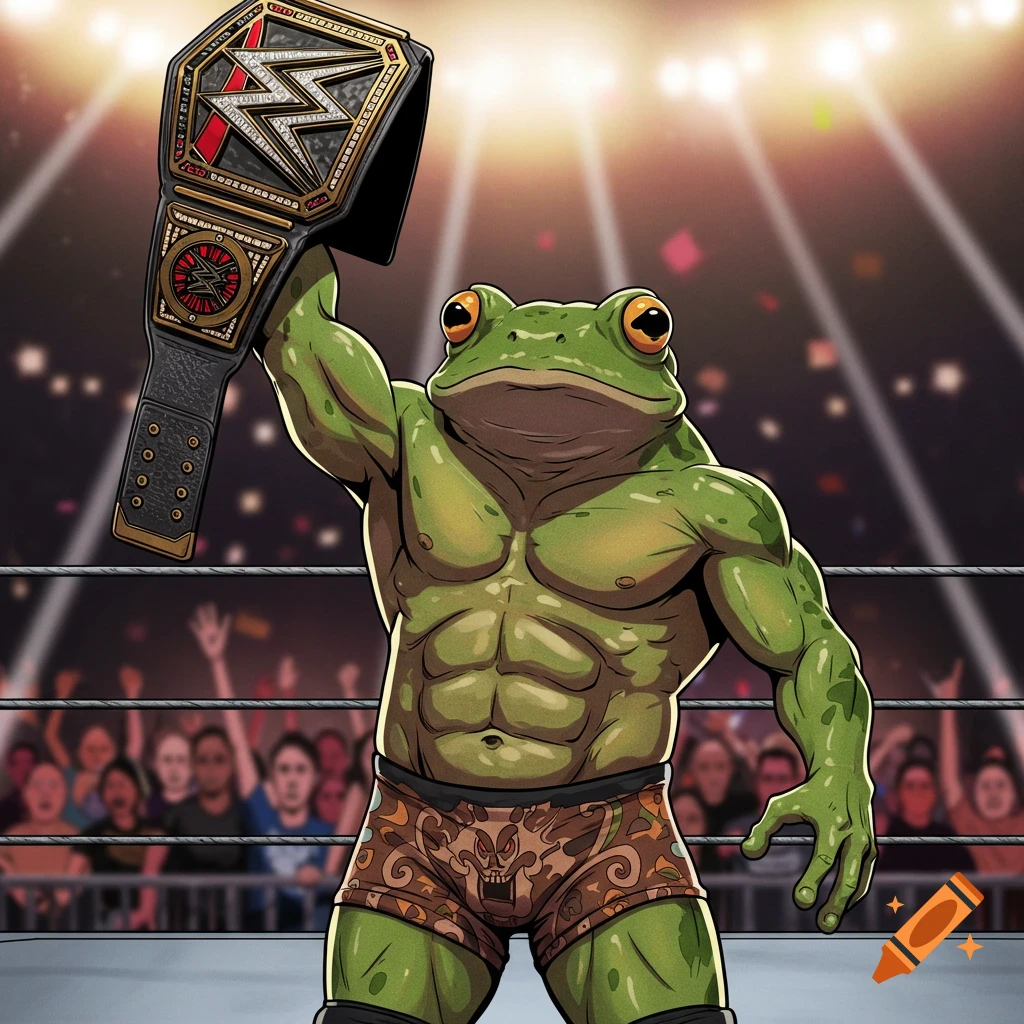 Muscular frog wrestler holds a championship belt in a wrestling ring ...
