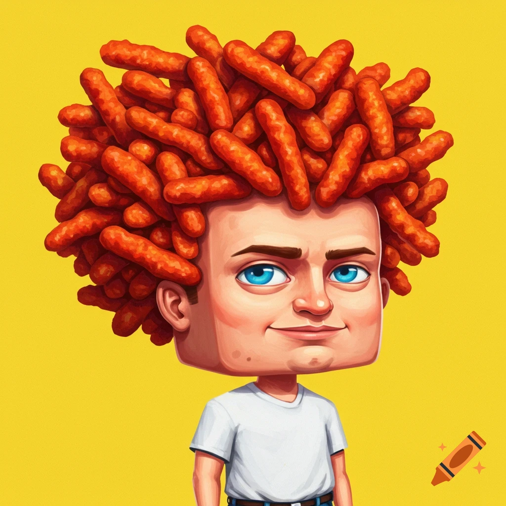 Caricature of a man with hair made of hot Cheetos smiling against a ...