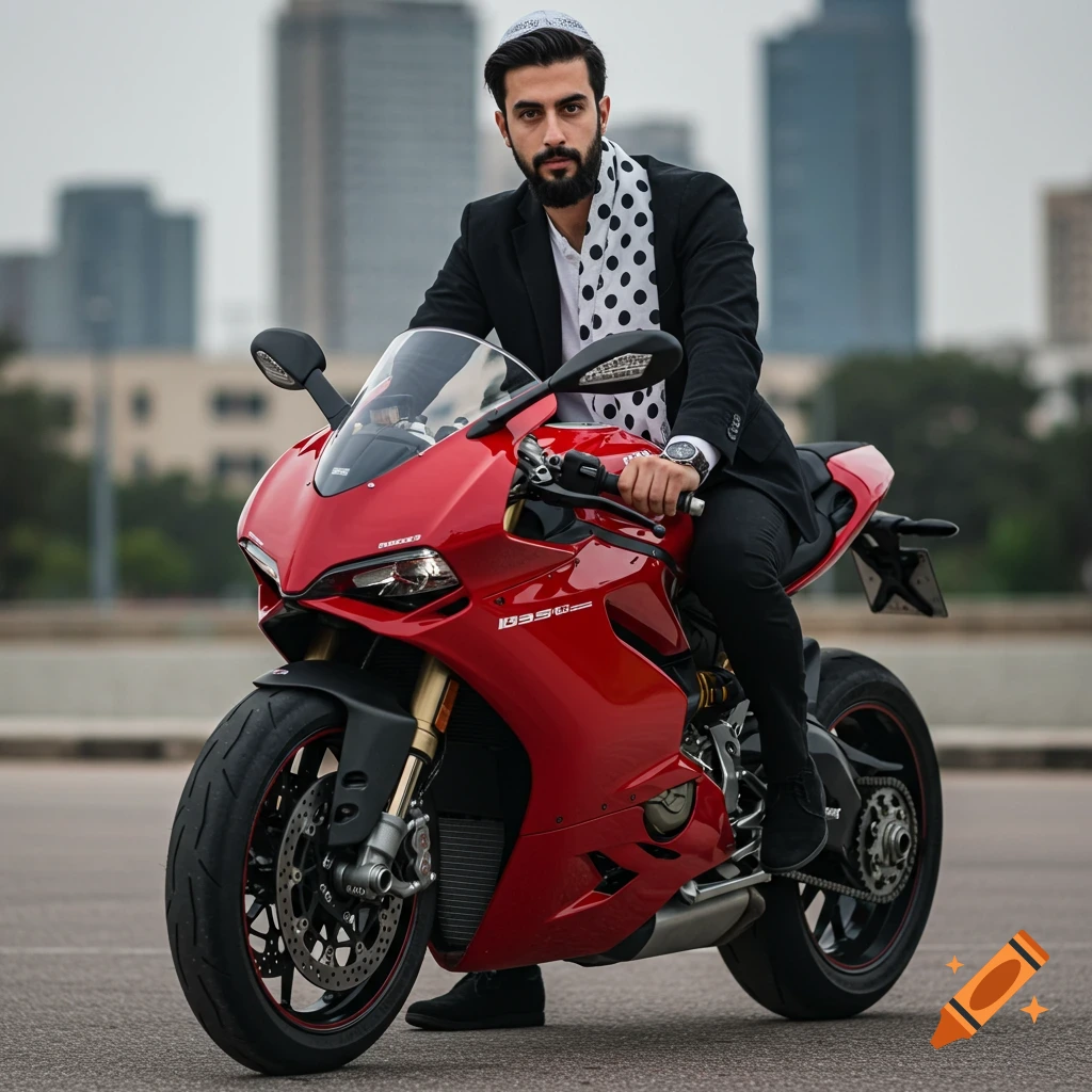 Man in sport jacket and kippa riding a Ducati motorcycle on Craiyon