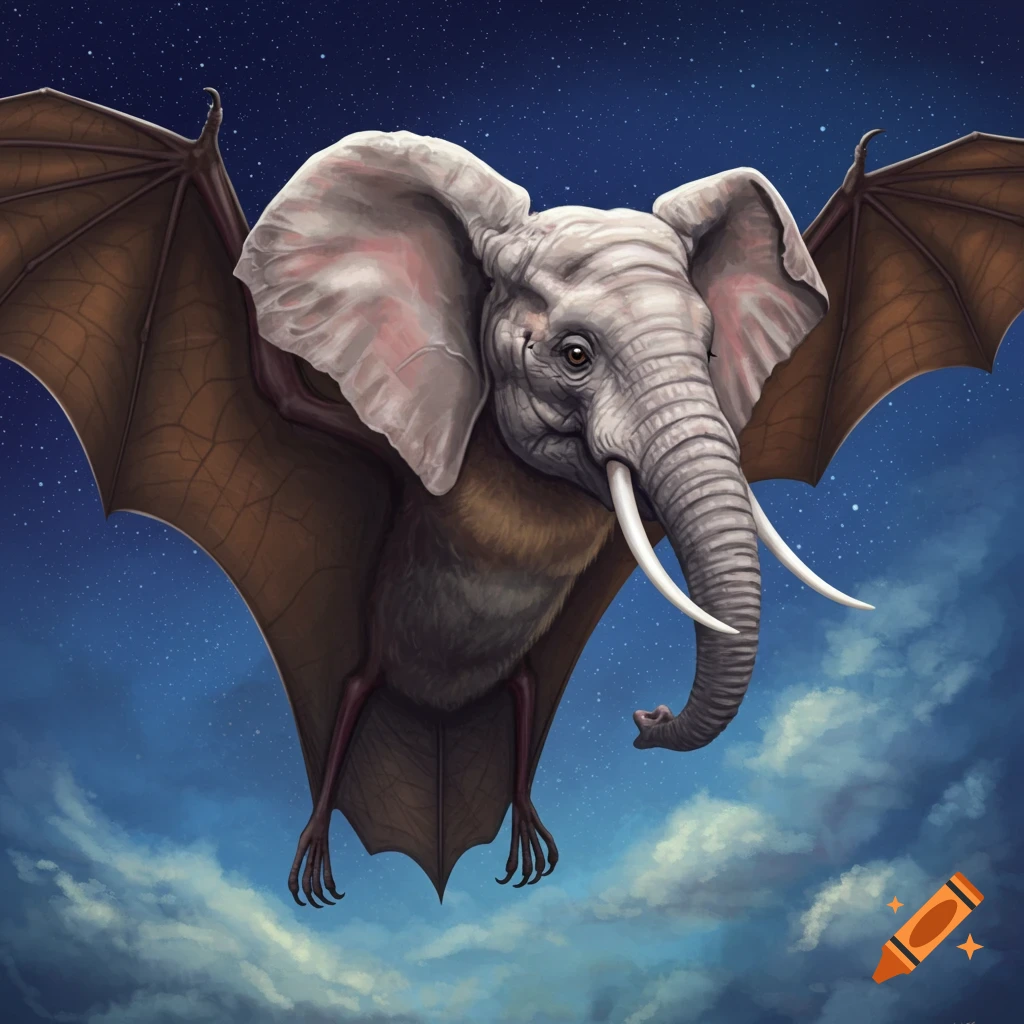 A bat-elephant hybrid flying in a starry night sky above clouds. on Craiyon