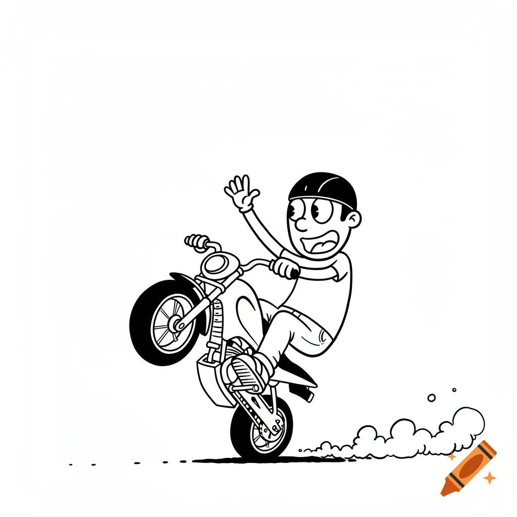 Black and white cartoon of guy doing wheelie on tiny bike on Craiyon