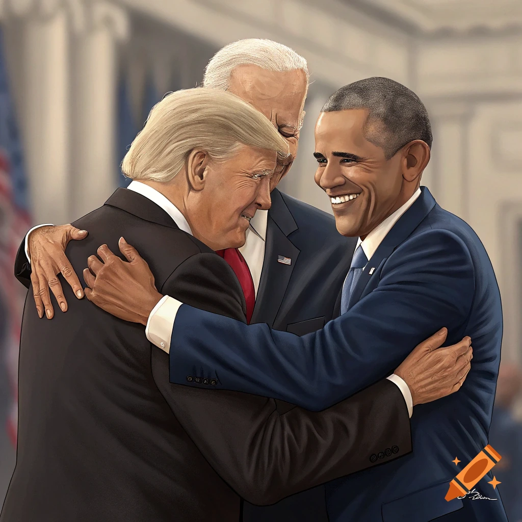 Donald Trump hugging Joe Biden and Barack Obama on Craiyon