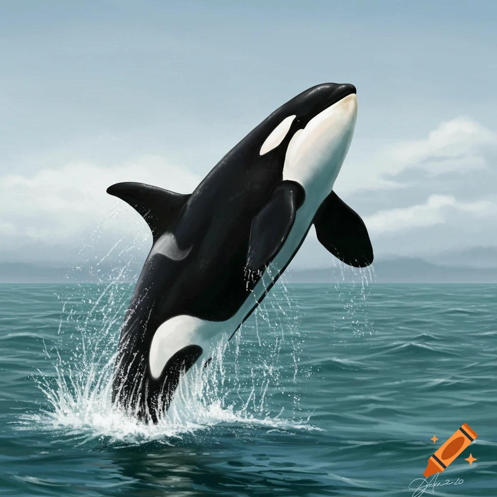 An orca swims underwater with light rays streaming from the surface. on ...