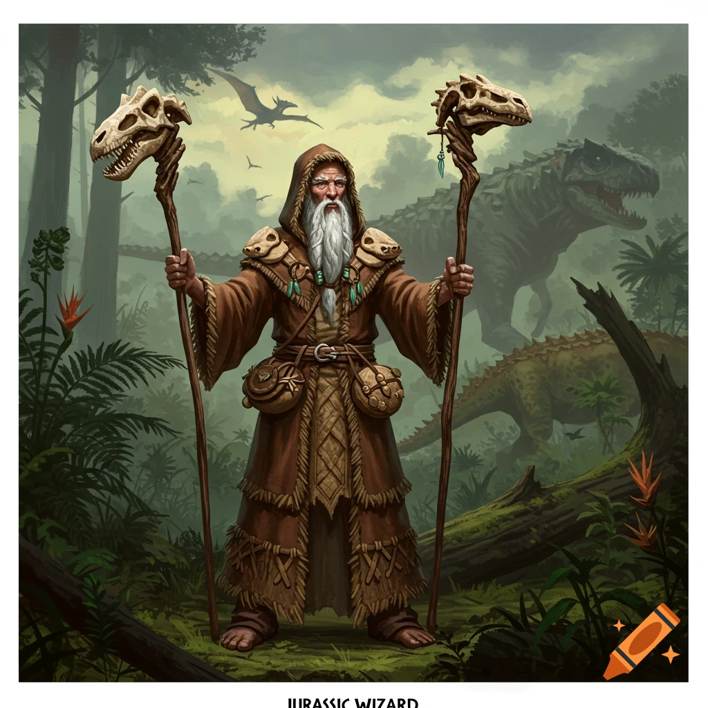 A wizard with skull staffs stands in a jungle with dinosaurs. on Craiyon
