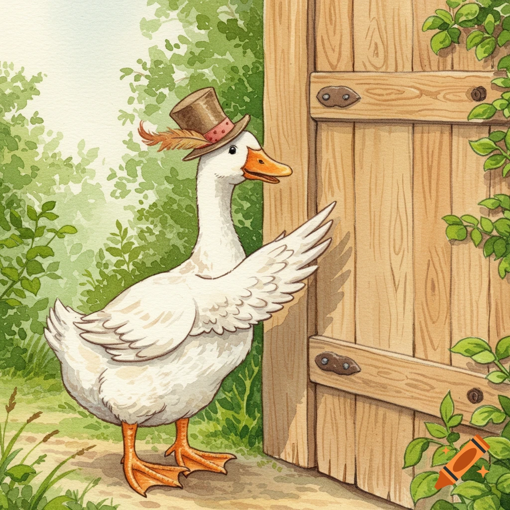 Goose with fancy hat knocking on wood door, watercolor style on Craiyon
