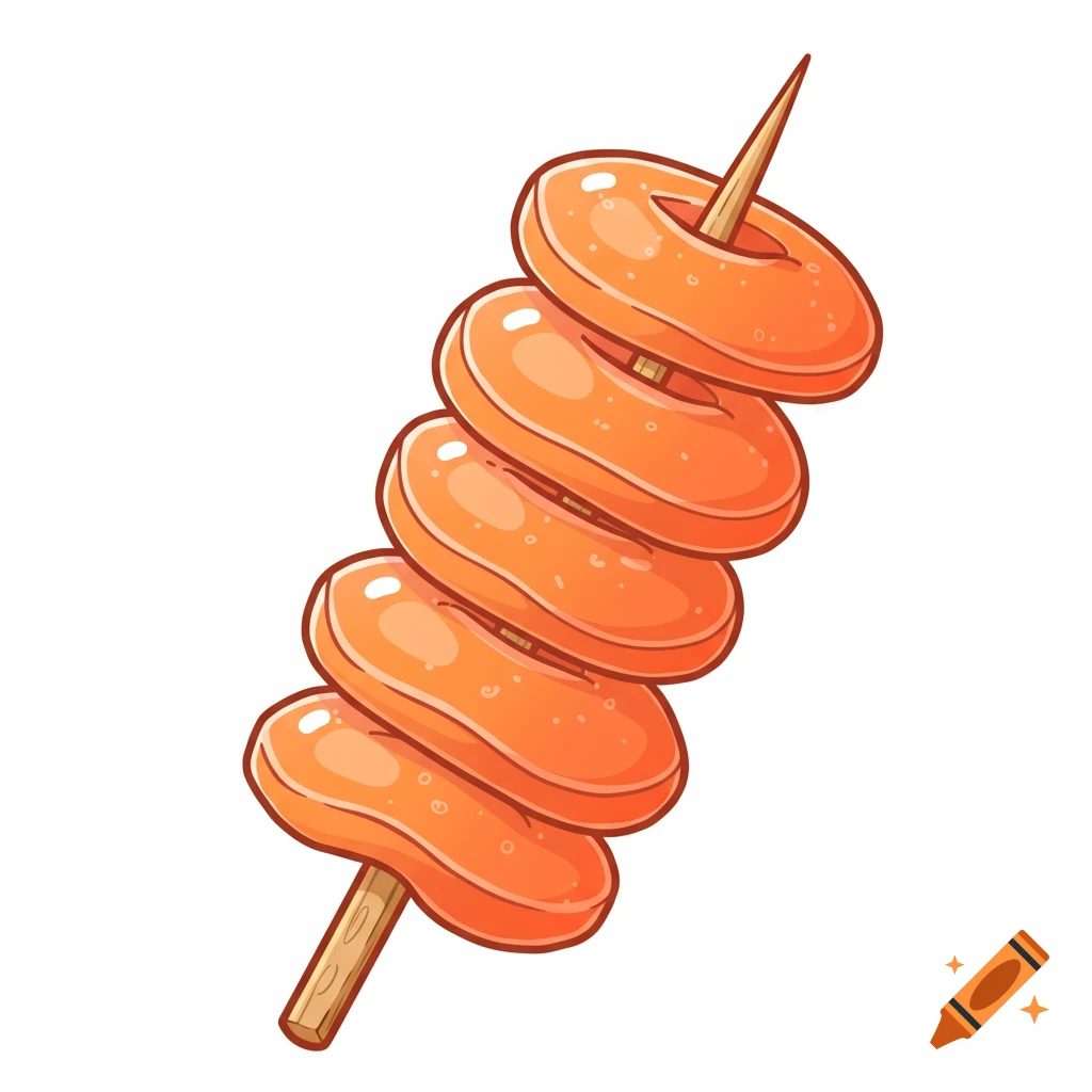 Candy peach rings on a wood skewer, cartoon style on Craiyon