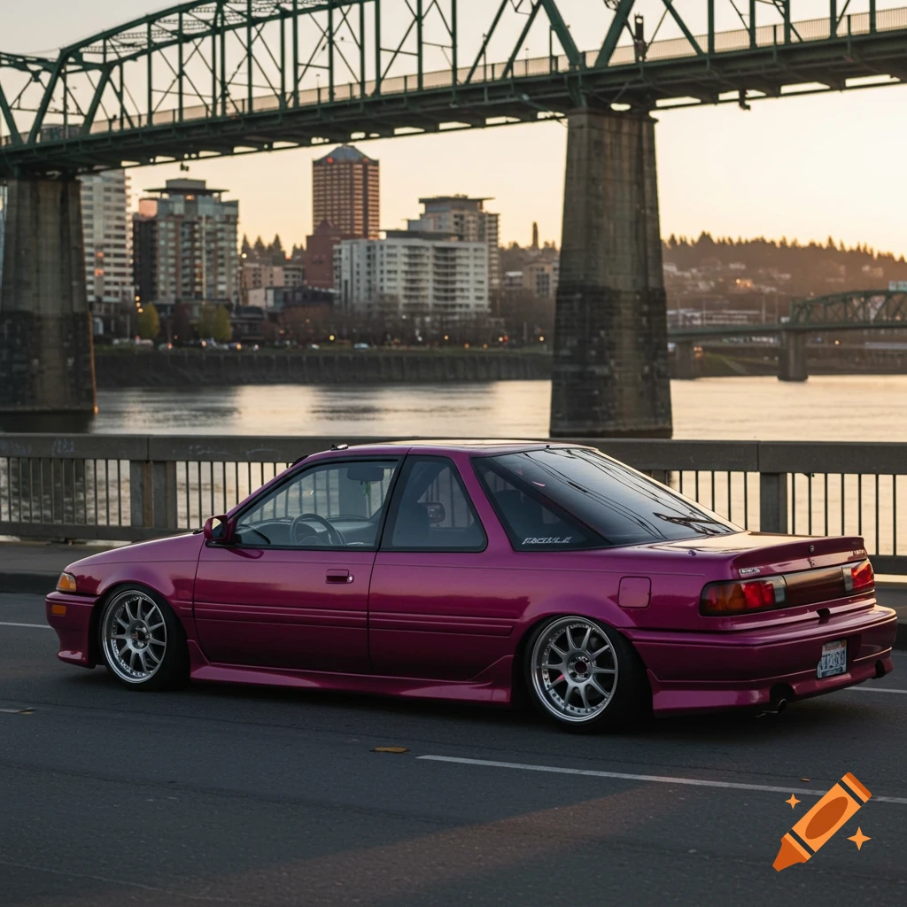 Magenta Geo Storm on a bridge at sunset with a city skyline and river ...