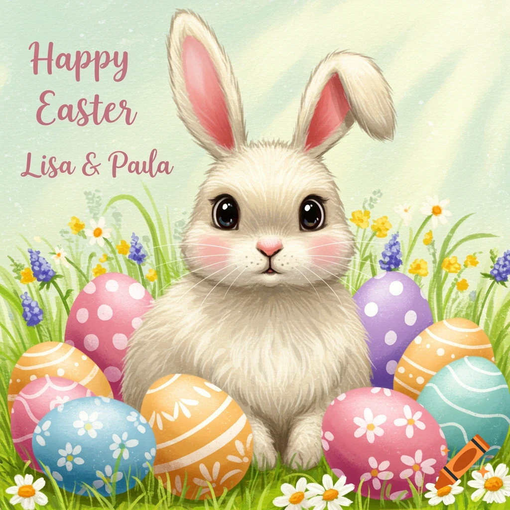 Cute bunny with Easter eggs and a 'Happy Easter' message on Craiyon