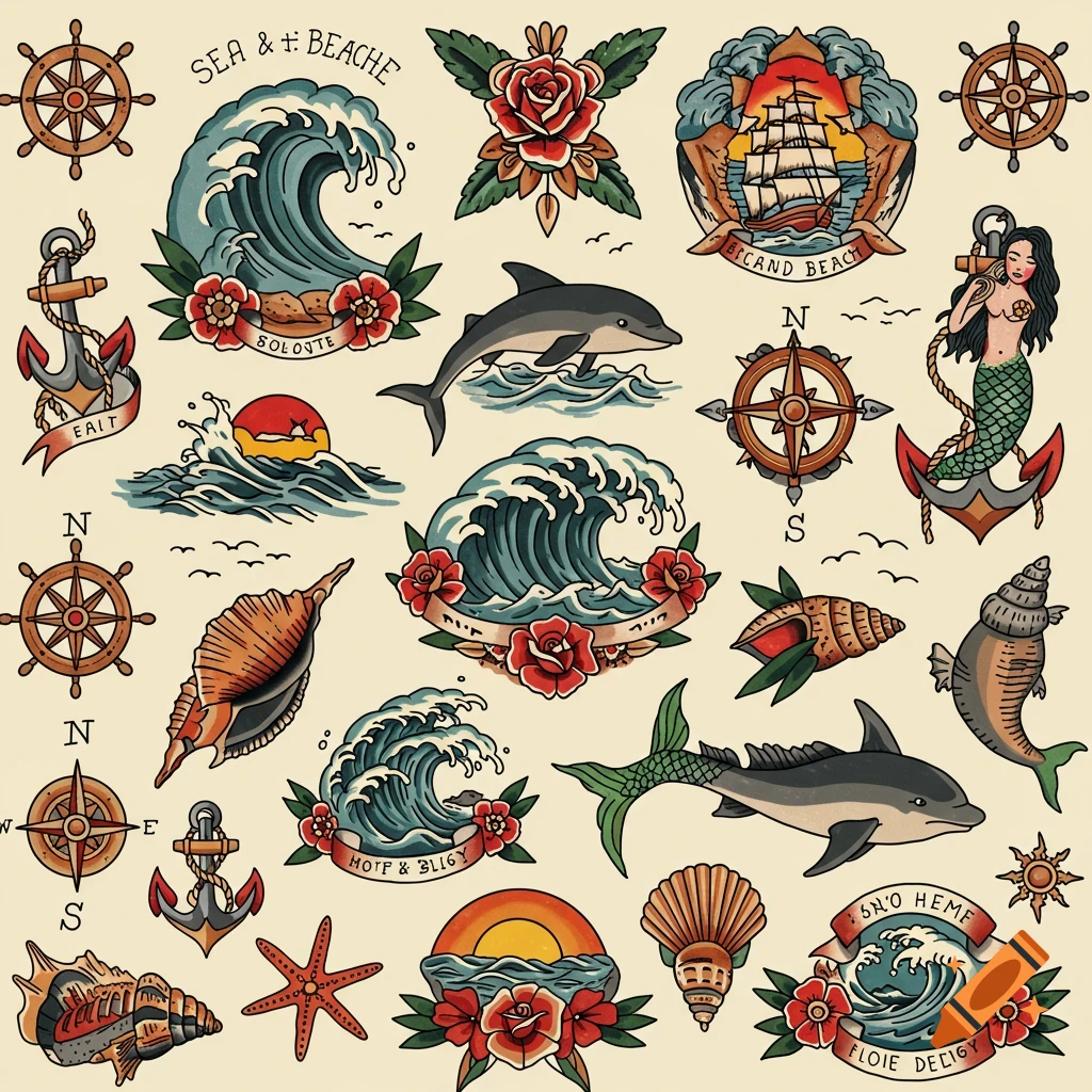 Stylized nautical illustration with compass, waves, anchors, and rope ...
