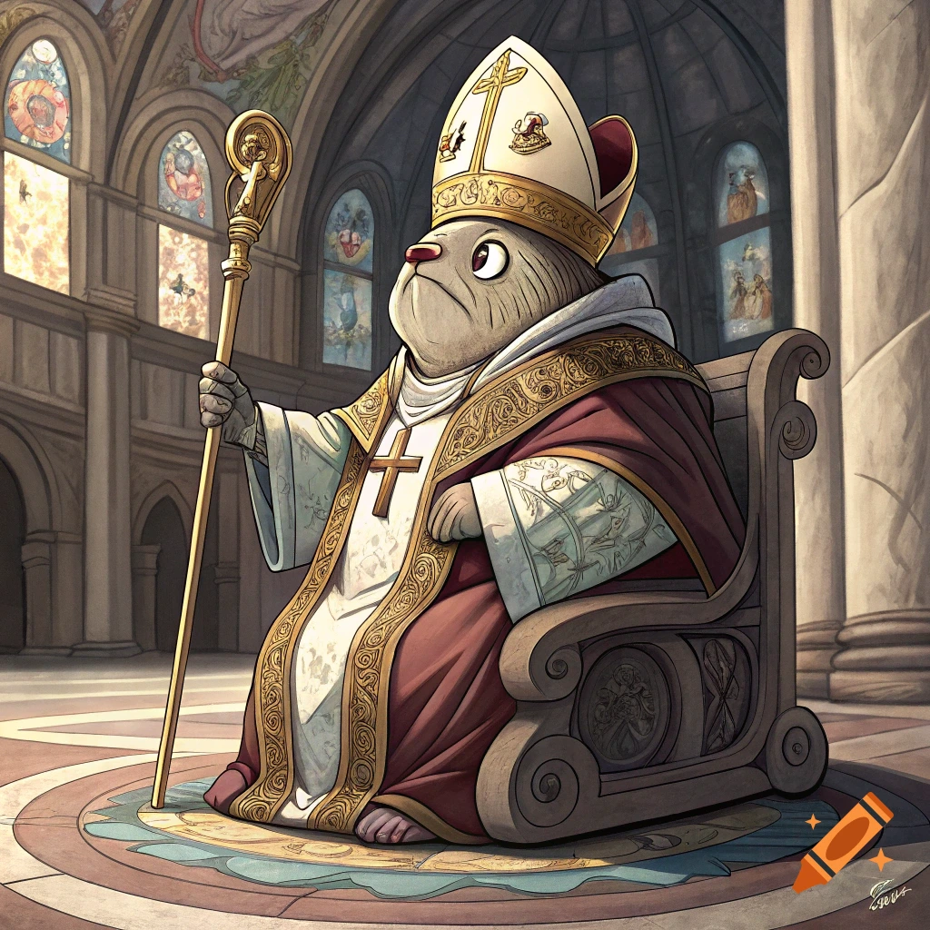 Cartoon mouse dressed as a Pope sits on a throne in a large cathedral ...